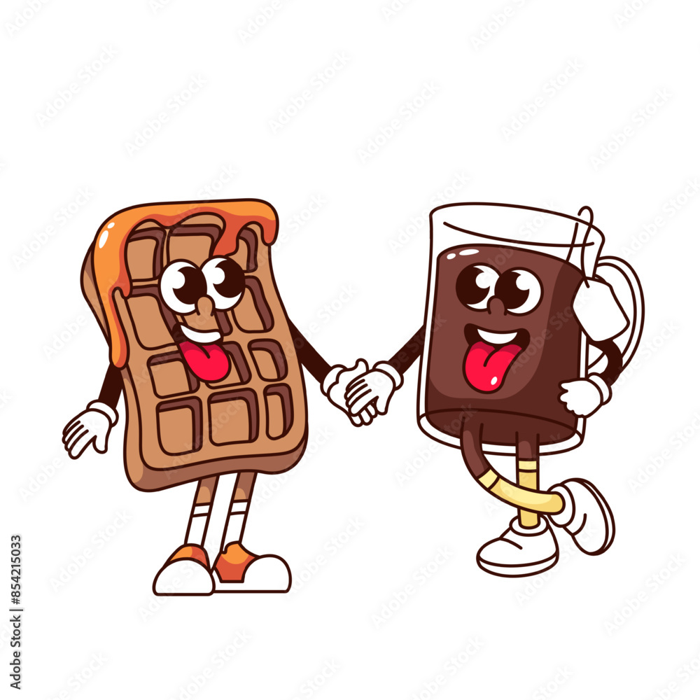 Groovy waffle dessert with tea cartoon characters friends. Funny retro ...
