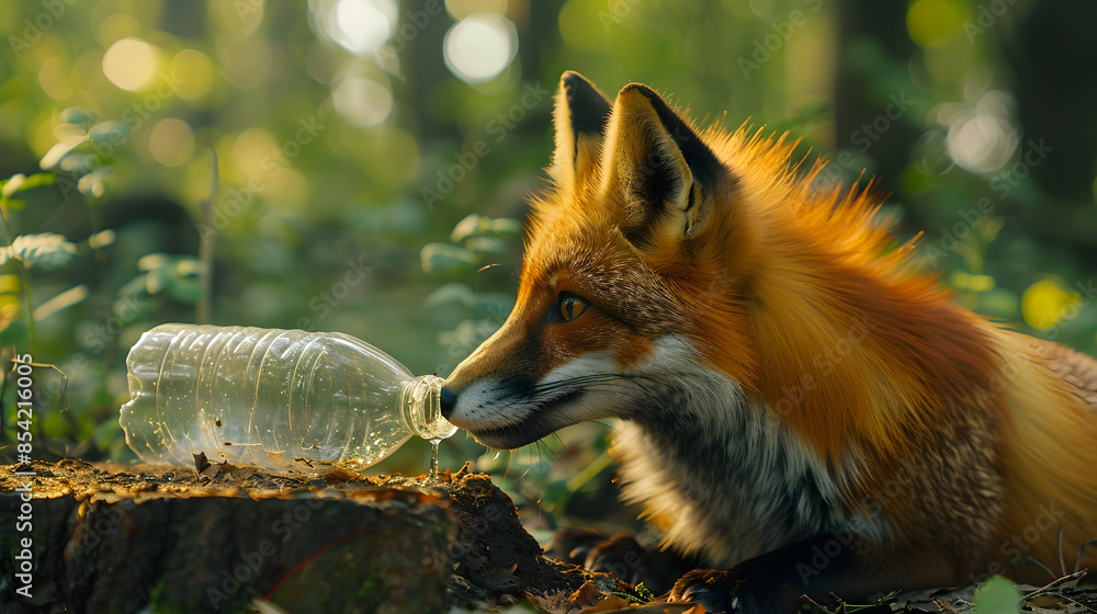 Environmental pollution, fox sniffing and tasting empty plastic bottle ...
