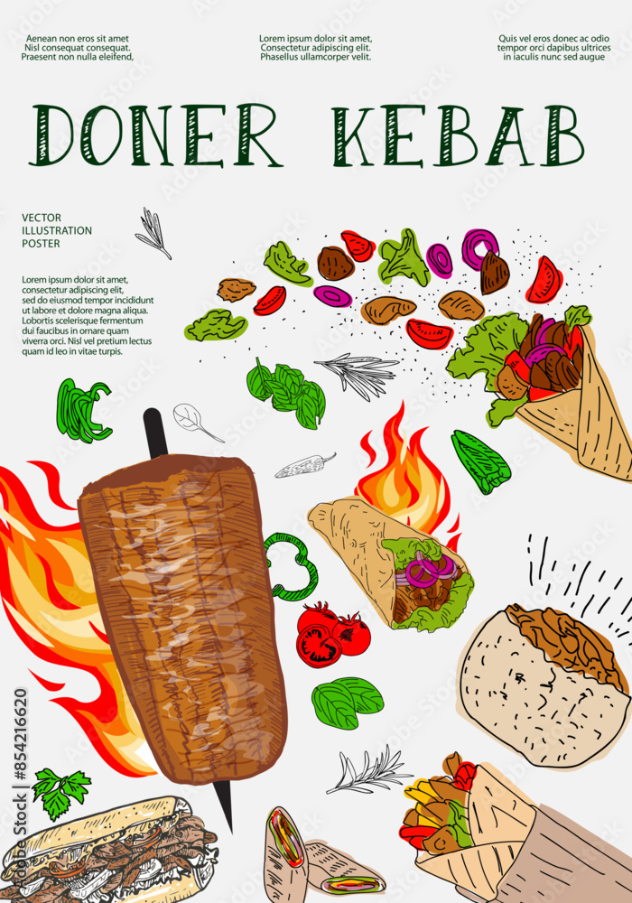 Doner kebab Hand drawn vector illustration. Making doner kebab and ...