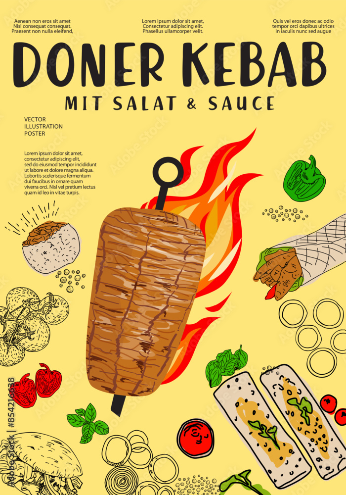 Doner kebab Hand drawn vector illustration. Making doner kebab and ...