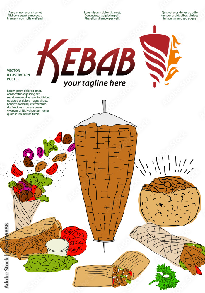 Doner kebab Hand drawn vector illustration. Making doner kebab and ...