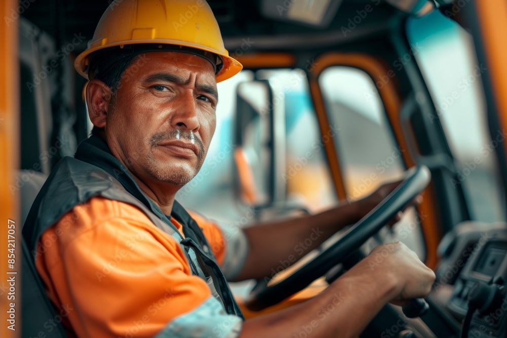 In the cockpit of a yellow truck vehicle with a cockpit backhoe, an ...