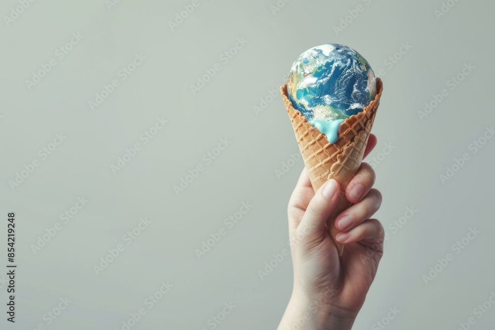 Hand holding an ice cream cone with melting earth on white background ...