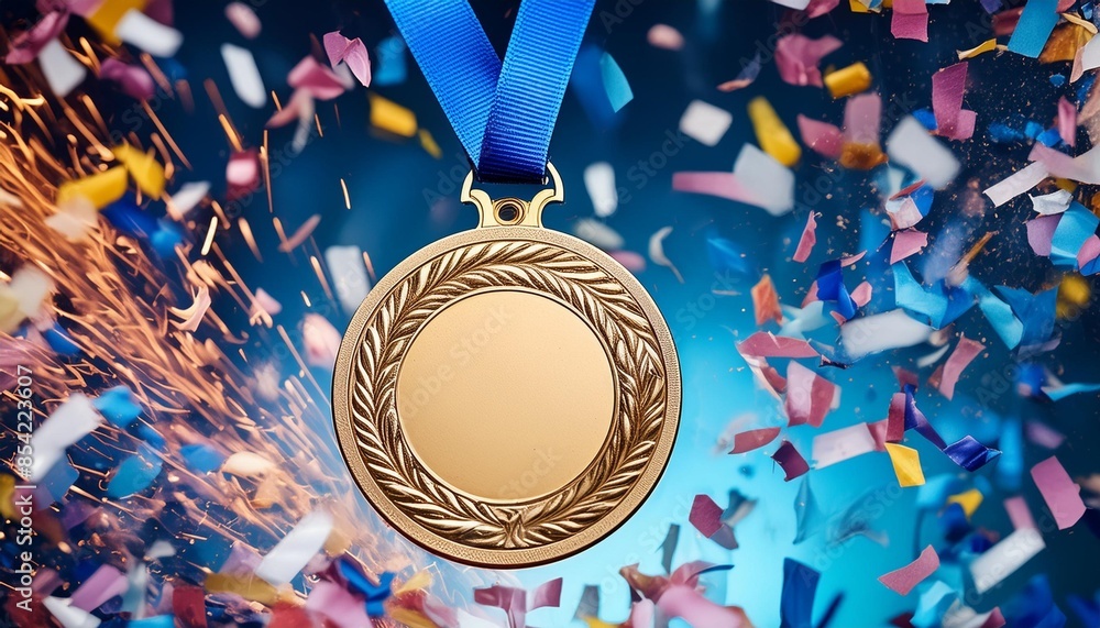 gold medal mockup with a blue ribbon in a festif background with an ...
