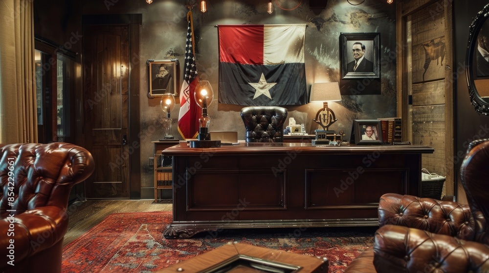 Lone Star Luxury: A modern workspace featuring a leather-topped desk, a ...
