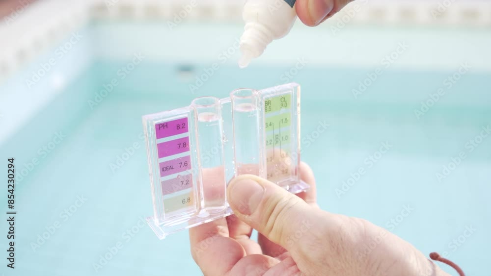 The hand of the maintenance person with a test-tube, pouring drops to ...