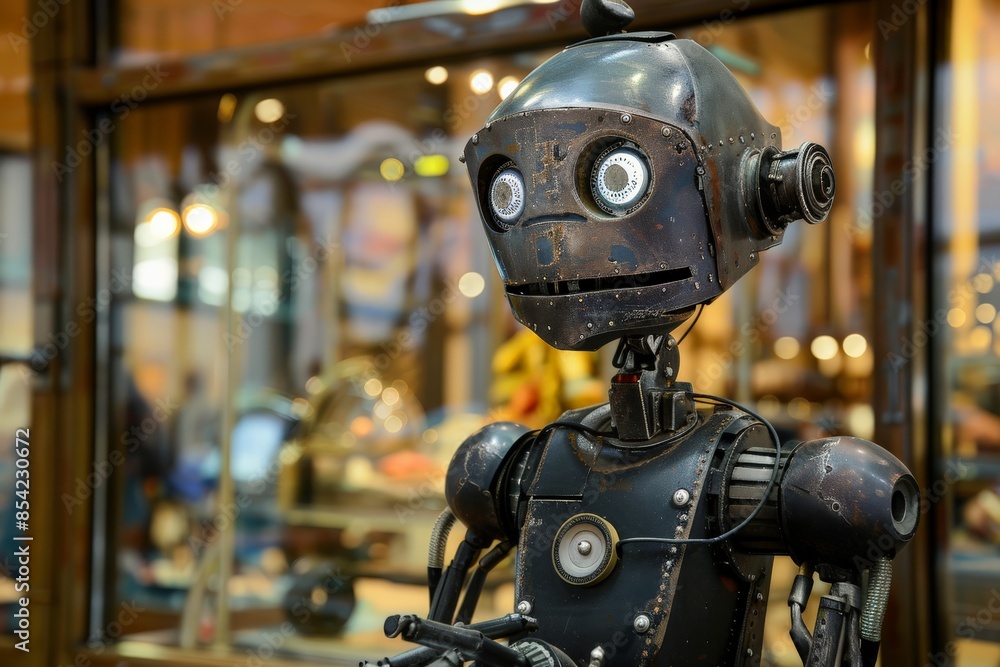 An old-fashioned black robot figure with a classic design and a rustic ...