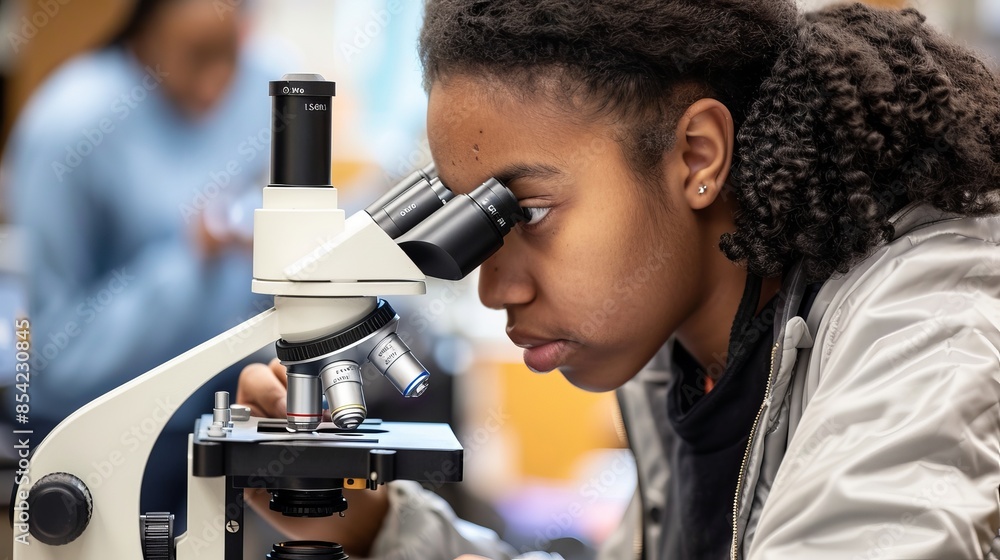 College students use a microscope in a science lab. A focused student ...