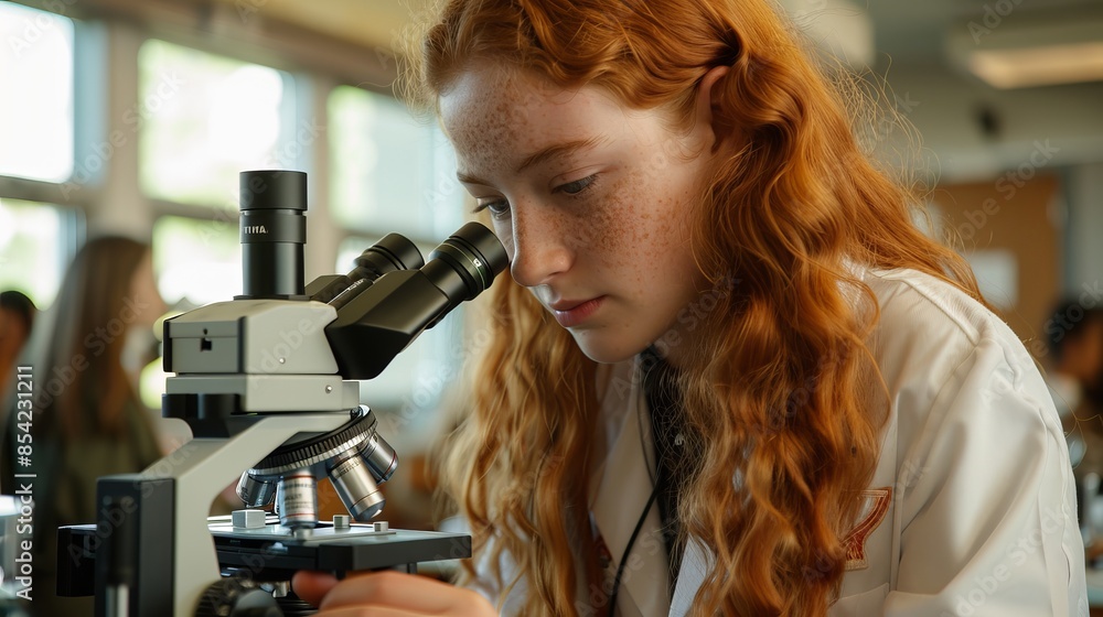 College students use a microscope in a science lab. A focused student ...