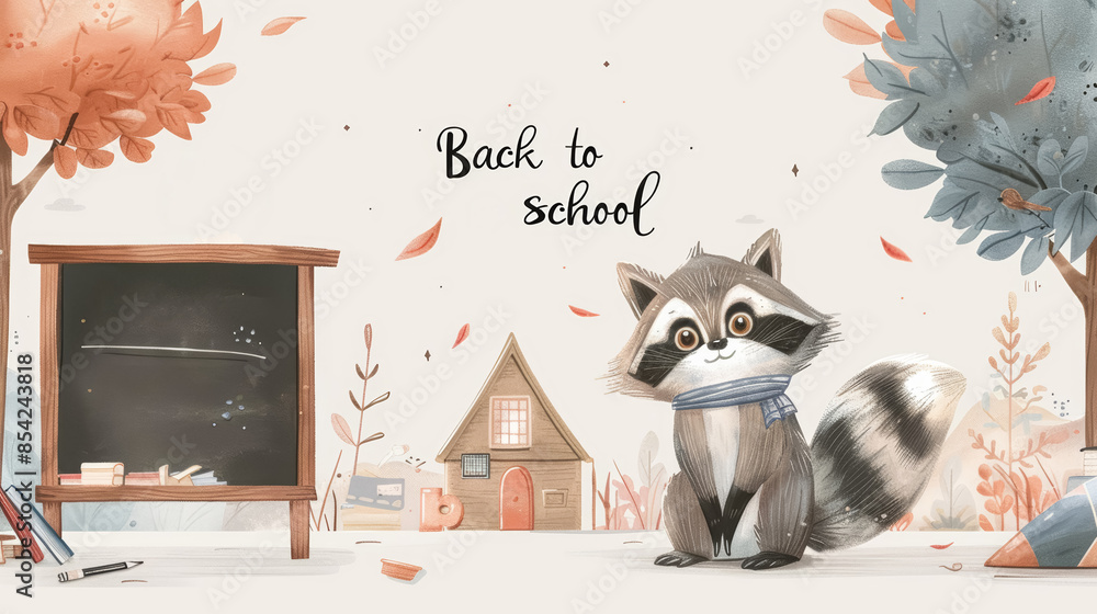 Funny raccoon sitting next to blackboard. Back to school text ...