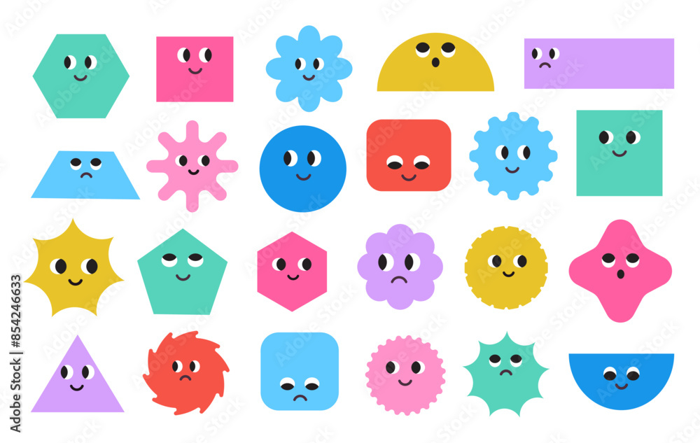 Cute colorful basic Geometric Figures with face emotions. Set of ...