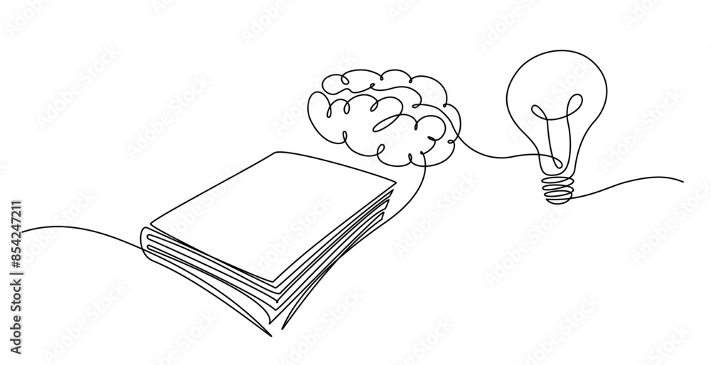 Textbook with light bulb and brain continuous one line icon drawing ...
