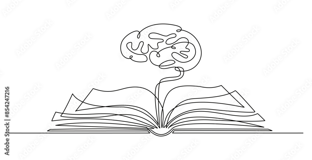 Open book lying down with human brain above continuous one line icon ...