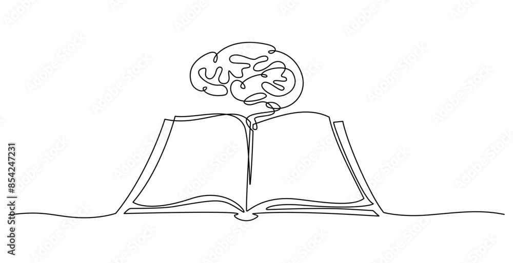 Open book lying down with human brain above continuous one line icon ...