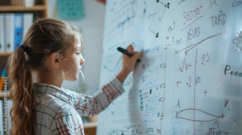 Girl practicing mathematics on a whiteboard, educational setting, text ...