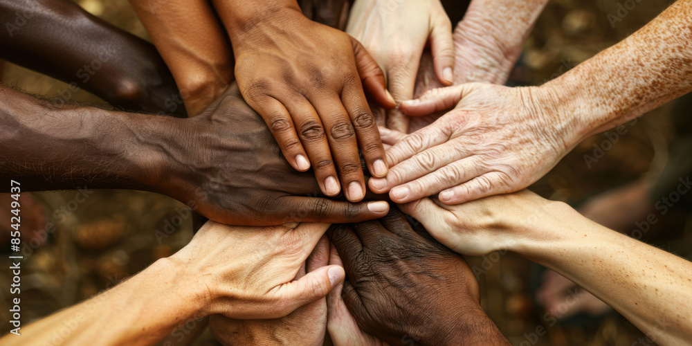 A group of diverse hands coming together in unity, symbolizing teamwork ...