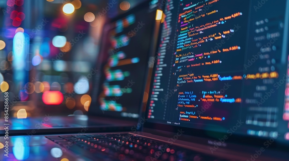 Technology of Software development, web design, programming concept. Program code on screen ...