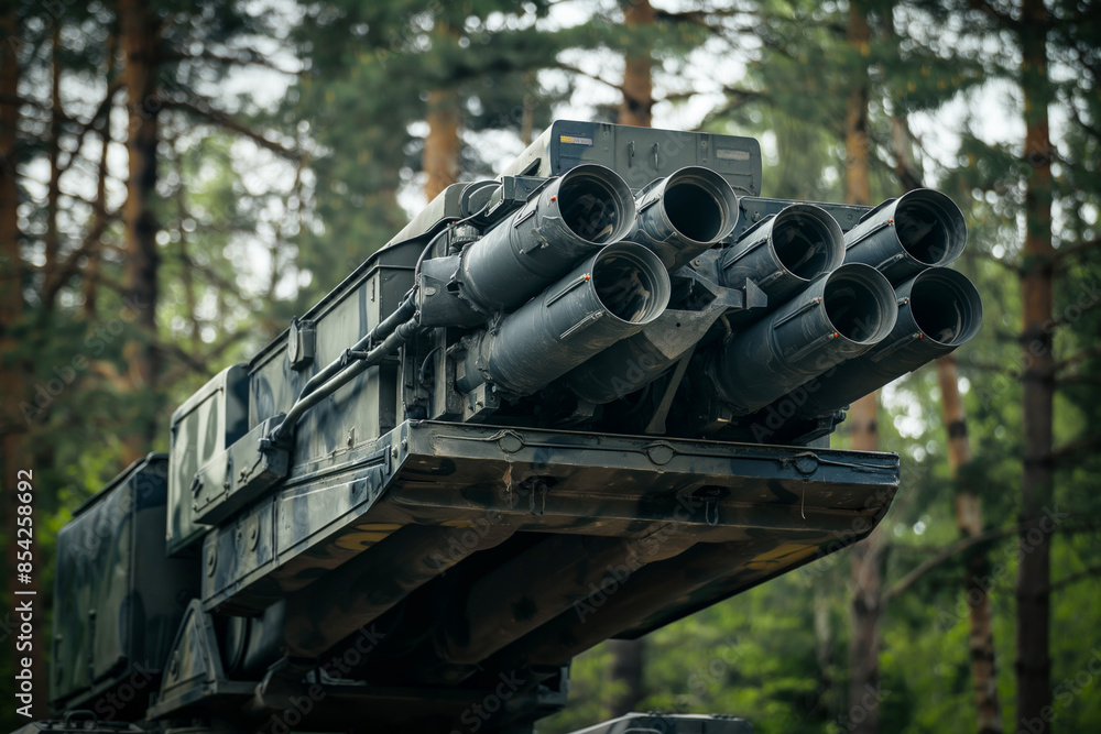 Military vehicle armed with multiple rocket launchers in forest area ...