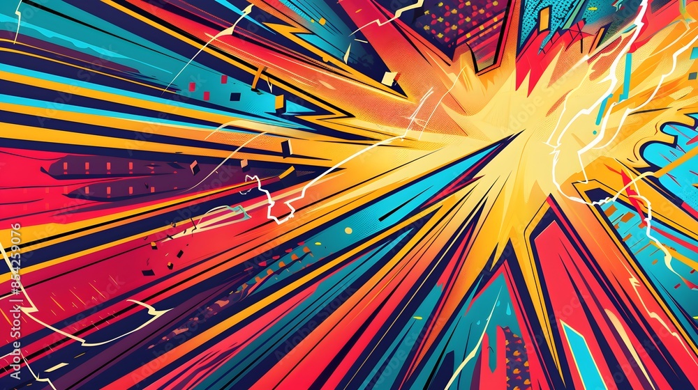 Vibrant comic pop art background with a dynamic thunderbolt illustration, featuring bold colors ...