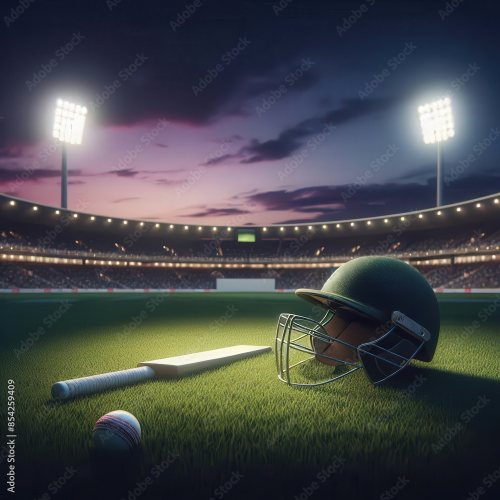 Cricket helmet and bat on grass of cricket stadium. View of cricket ...