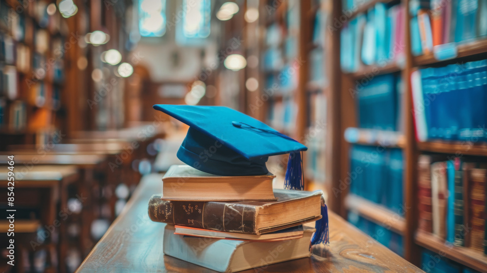 Graduation cap resting on stacked books in a library, symbolizing ...