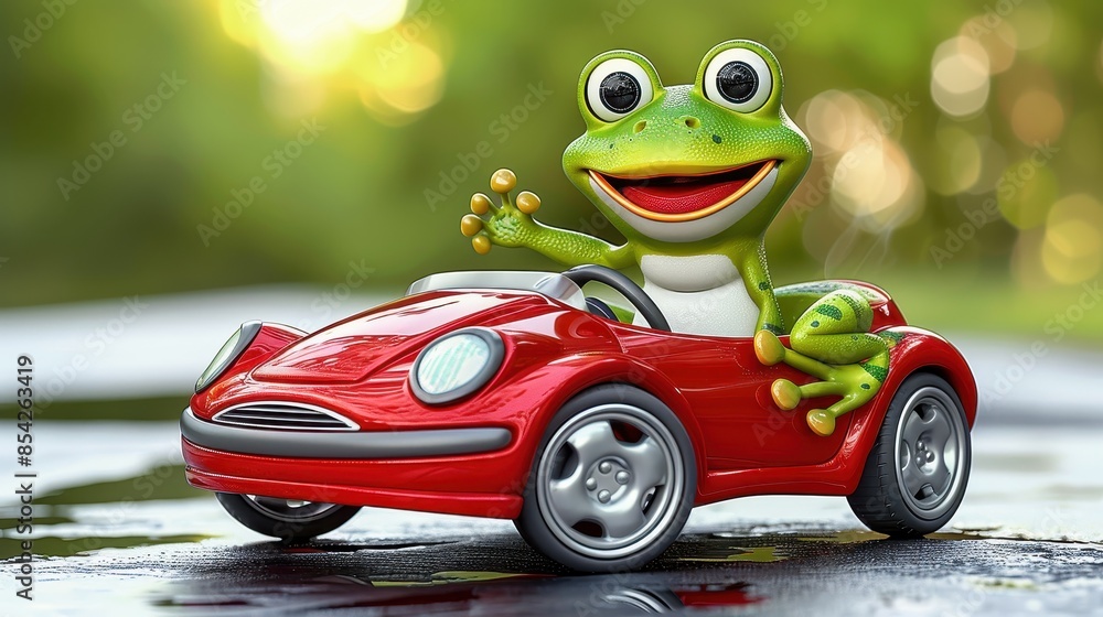 Realistic 3D frog in toy red sports car on wet road outdoors Stock ...