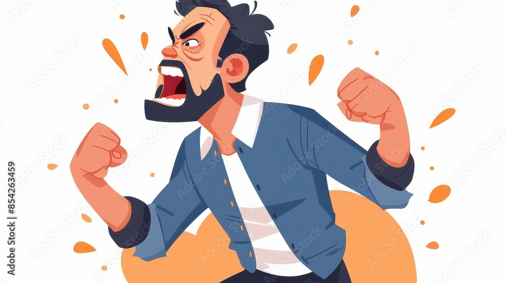 This animated image features a man with dark hair shaking his fists and ...