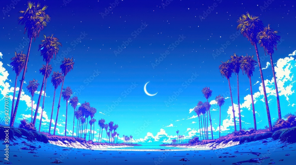 Stunning Neon Blue Sunset Landscape with Palm Trees and Crescent Moon ...