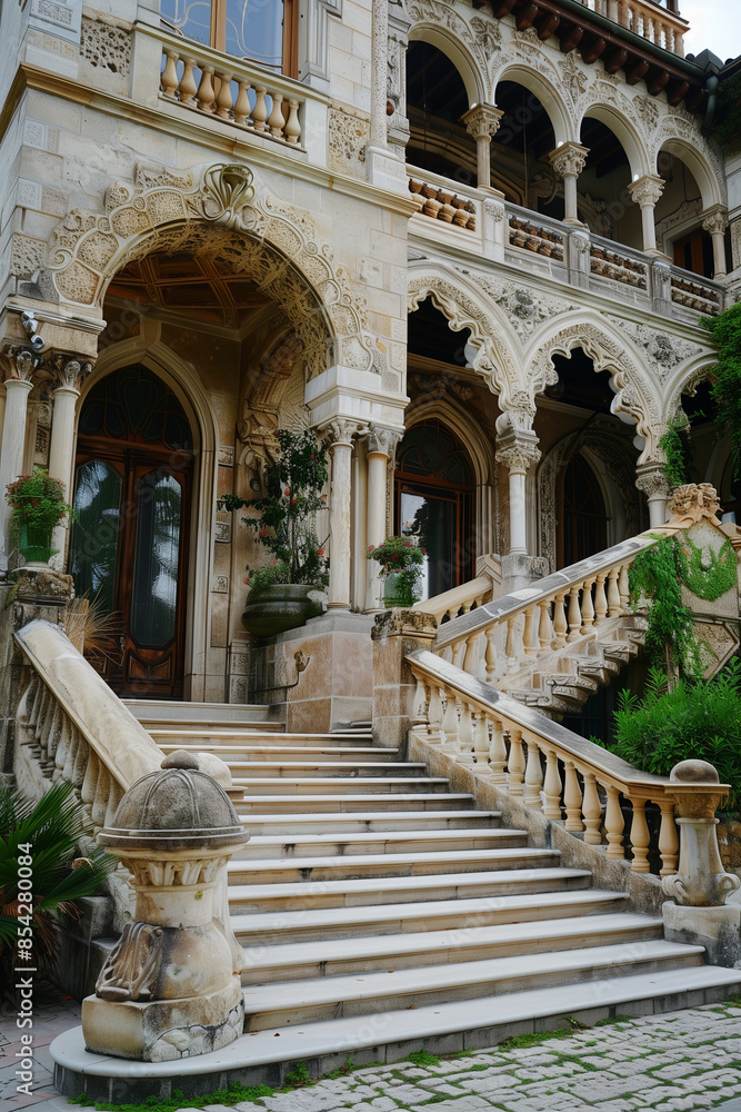 the front entry of a luxurious mansion, beautiful arches define a grand ...