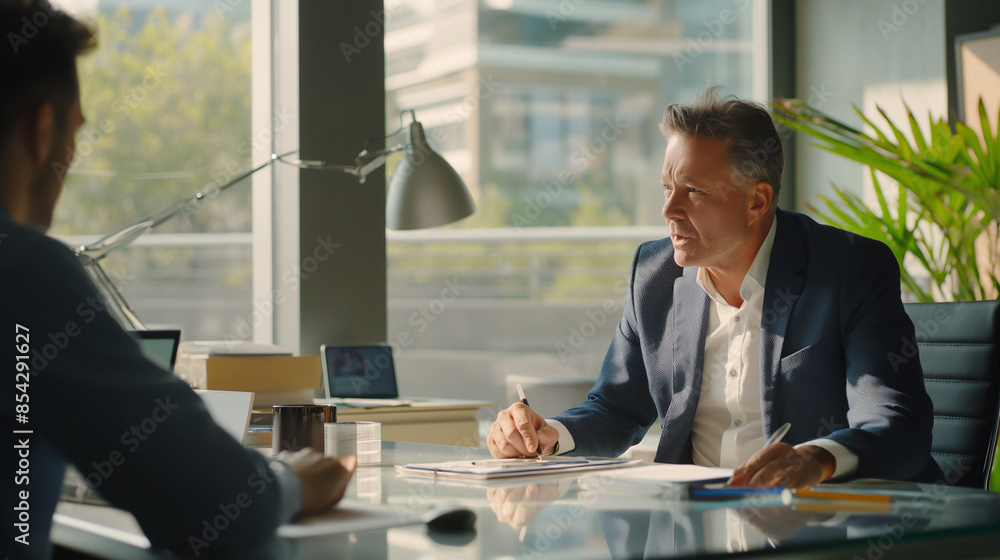 A boss and employee in a modern office, engaged in a positive ...