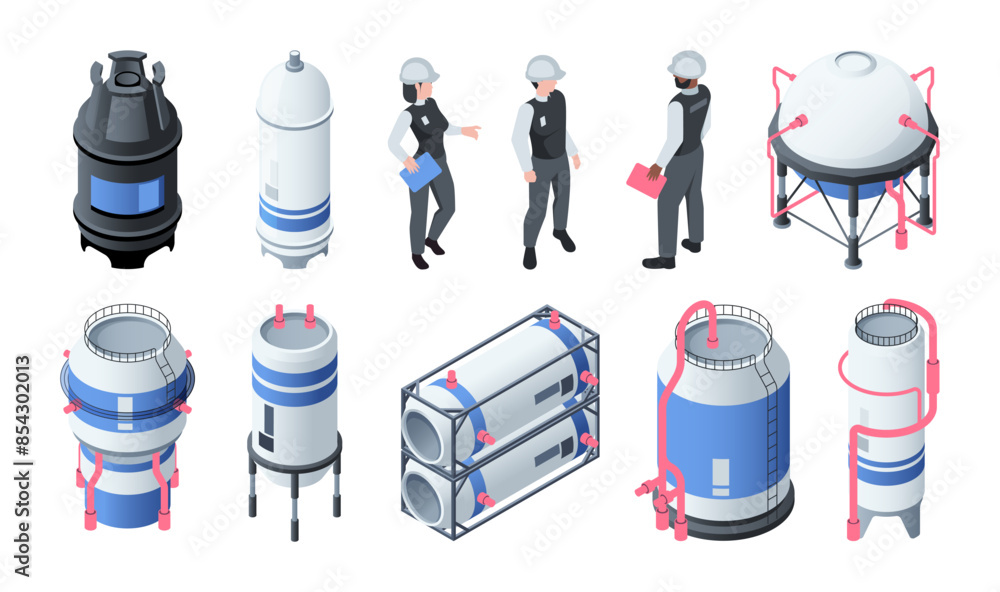 Set of isometric compressed gas storage tanks. Icons with workers and ...