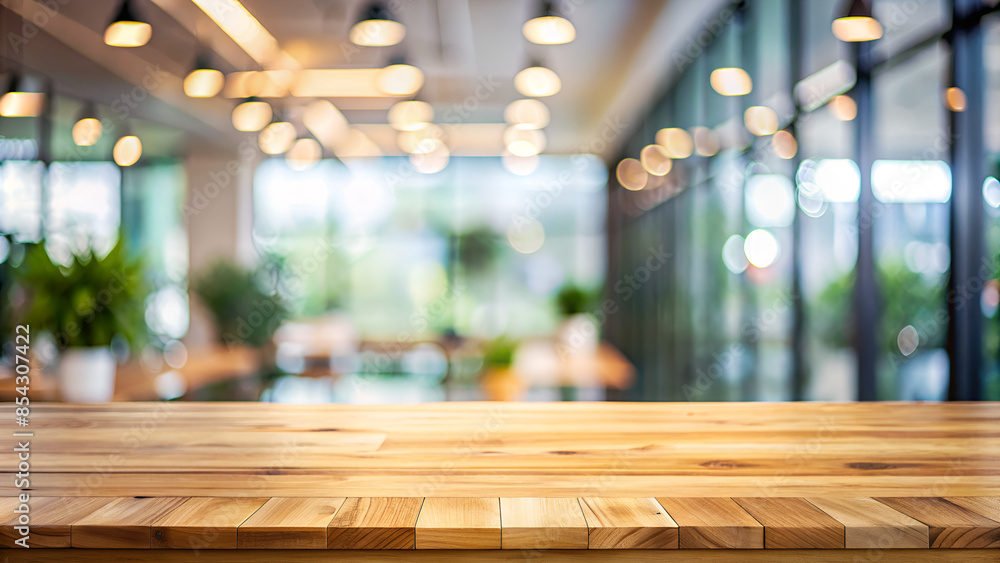 Wood table top and blurred bokeh office interior space background - can ...