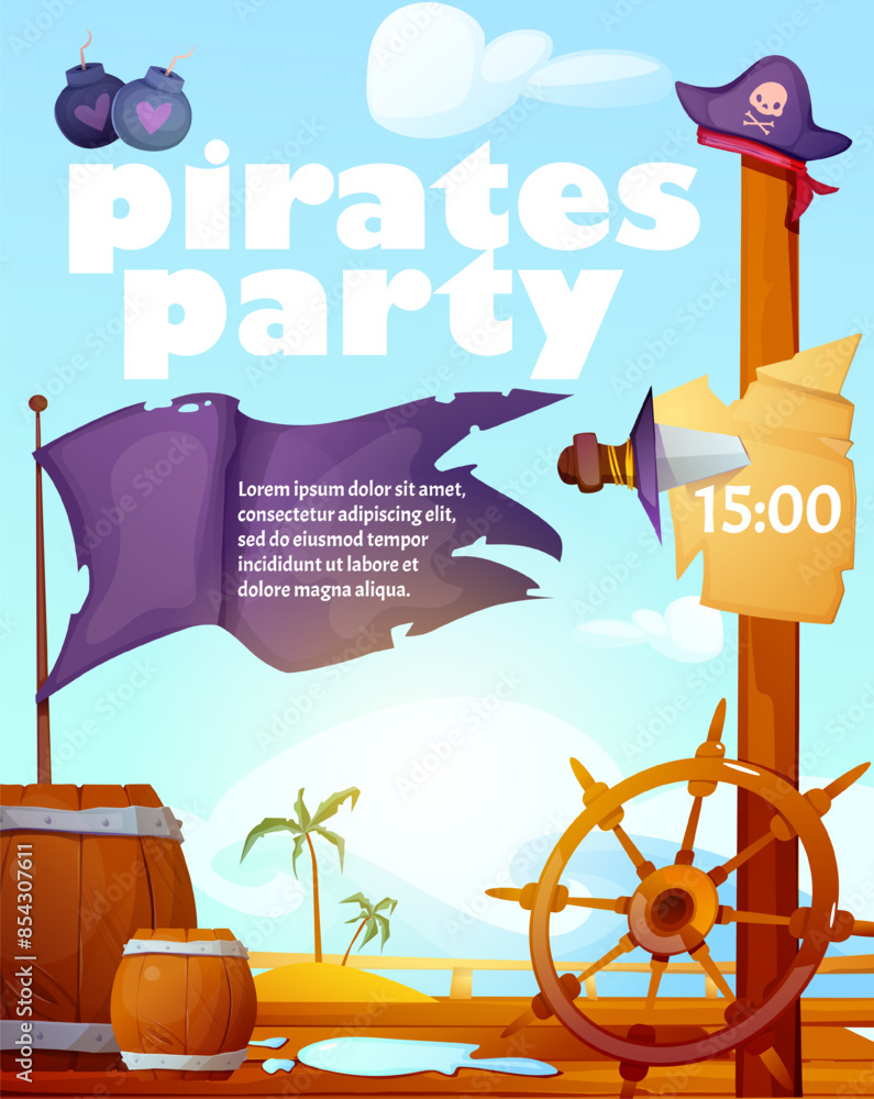 Pirate party invitation. Fun adventure poster for children with pirate ...