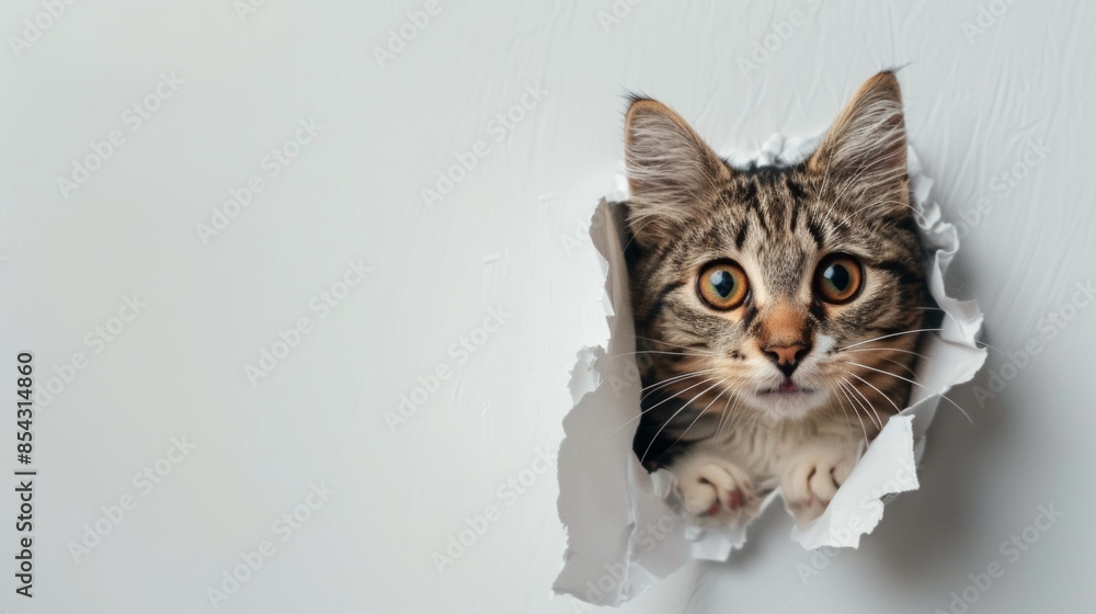 Cute baby cat peeping through a paper hole with plain background Stock ...