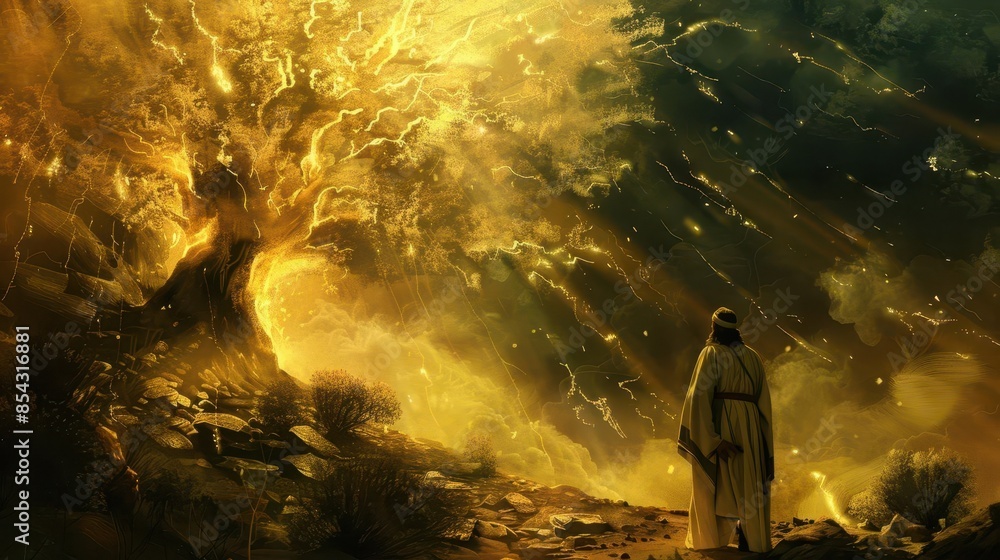 moses encountering the burning bush at mount horeb biblical scene ...
