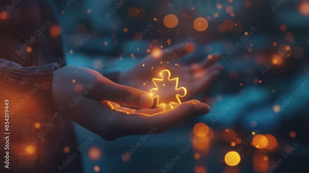 person holding glowing jigsaw puzzle piece conceptual illustration of ...