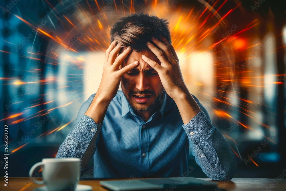 Stressed man overwhelmed with work, holding head in hands, coffee cup ...
