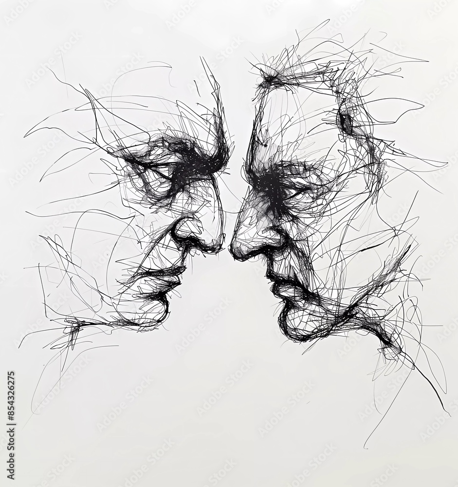 A simple scribbled line drawing of two faces facing each other, with ...