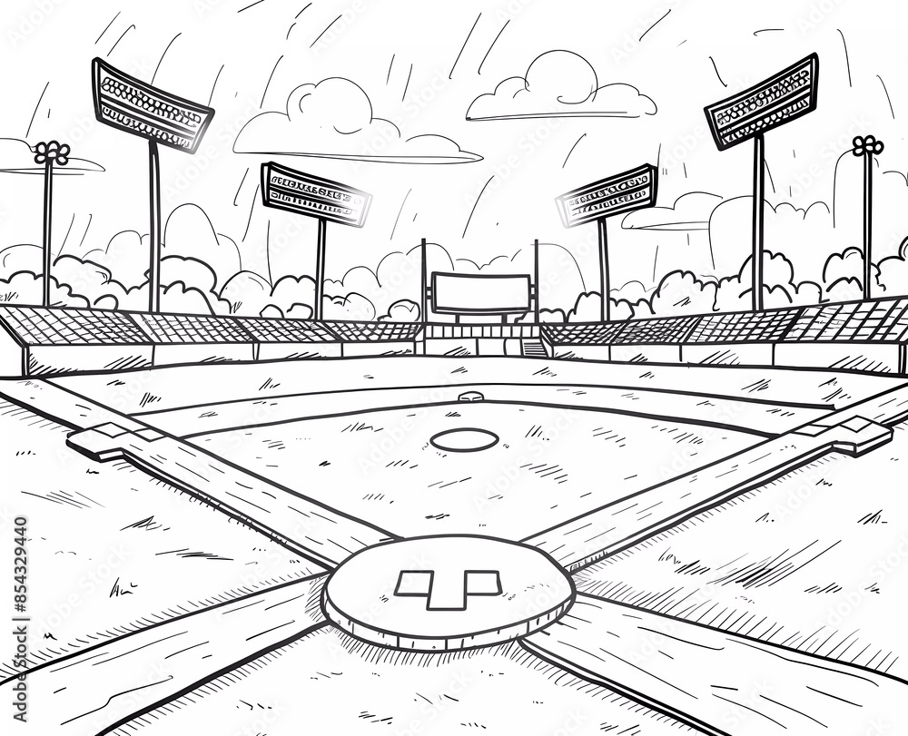 cartoon baseball field with stands and lights, simple line art ...