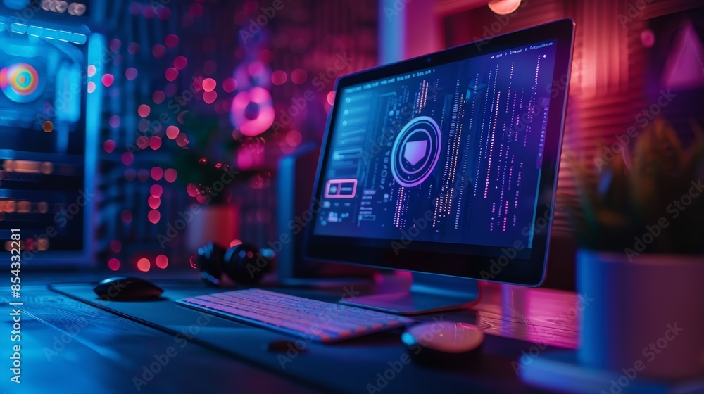 Modern Computer Setup with Coding Interface in a Neon-Lit Room for Tech ...