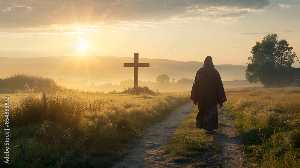silueta de un fraile franciscano caminando por el camino hacia la cruz en un hermoso paisaje con ...
