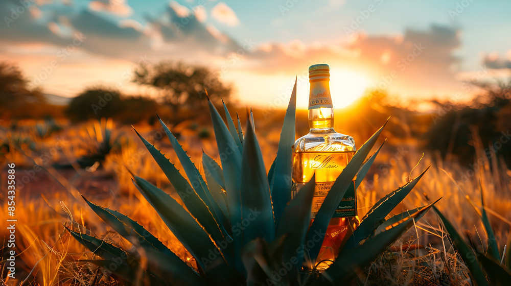 paisaje de una planta de agave azul productor de tequila botella de ...