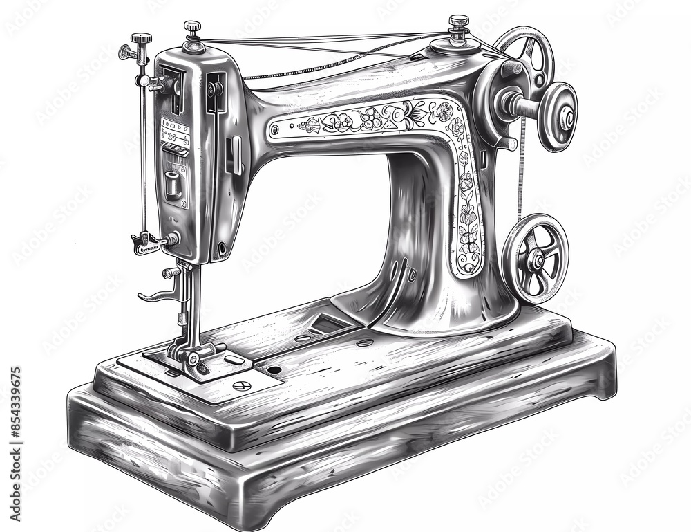 Vintage Sewing Machine Vector Illustration On White Background Hand