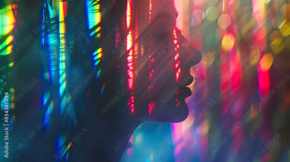 Blurred rainbow light refractions cast a soft, diffuse glow over a ...