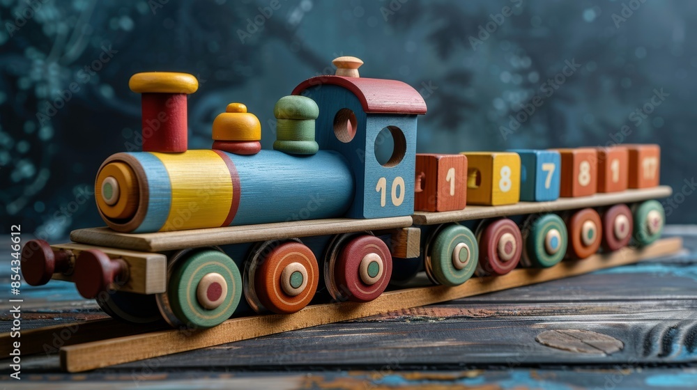 Realistic wooden toy train locomotive with numbered blocks, dark blue ...