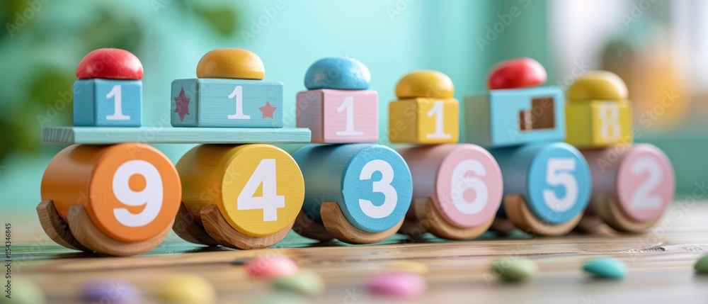Realistic wooden toy train with numbered blocks, pastel blue backdrop ...