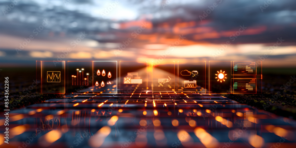 Global Warming Concept with digital icons like water, farm, land ...