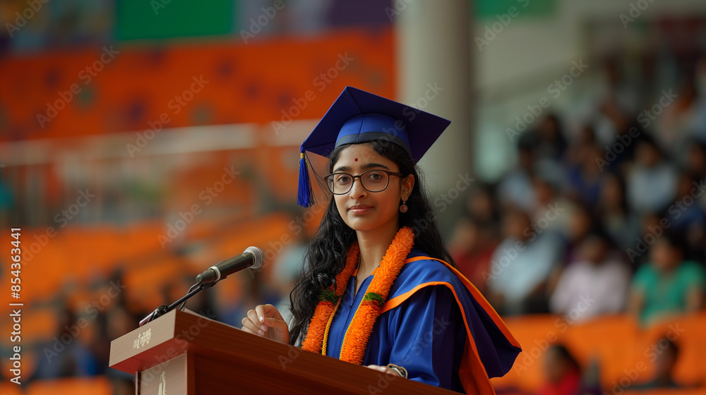 Young Indian woman representative of the graduating class in cap and ...