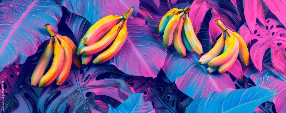 Bananas, vibrant pastel colors, banana leaves, psychedelic style ...