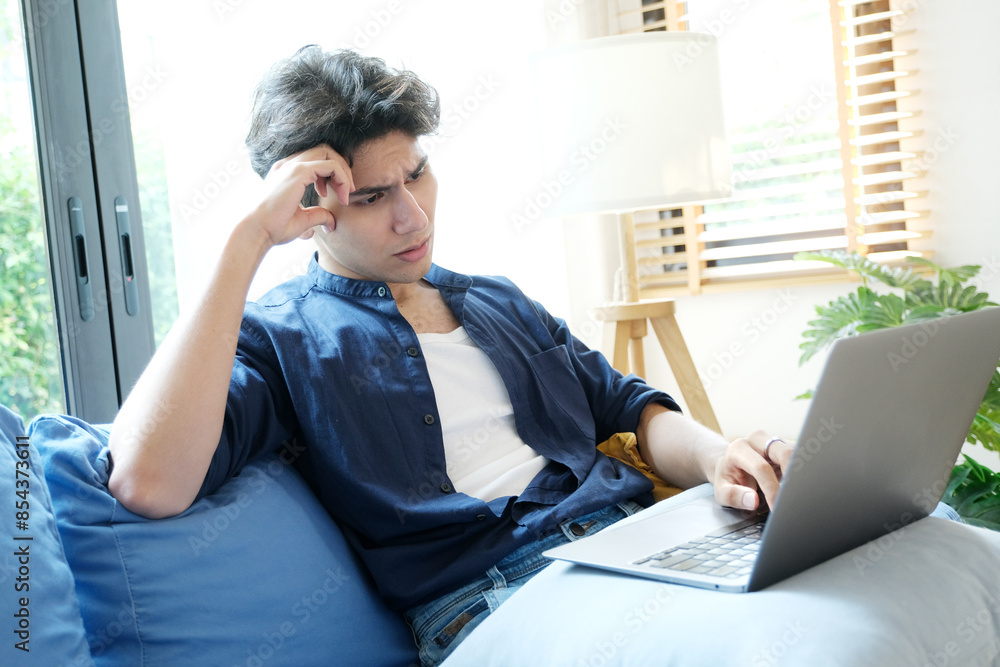 Stress man struggle with laptop computer, Frustrated male at home ...
